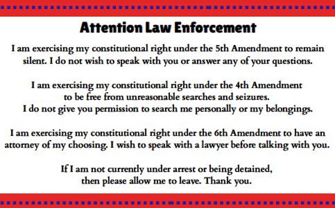 Know Your Rights Card: Police Traffic Stop - 4th & 5th Amendment ...