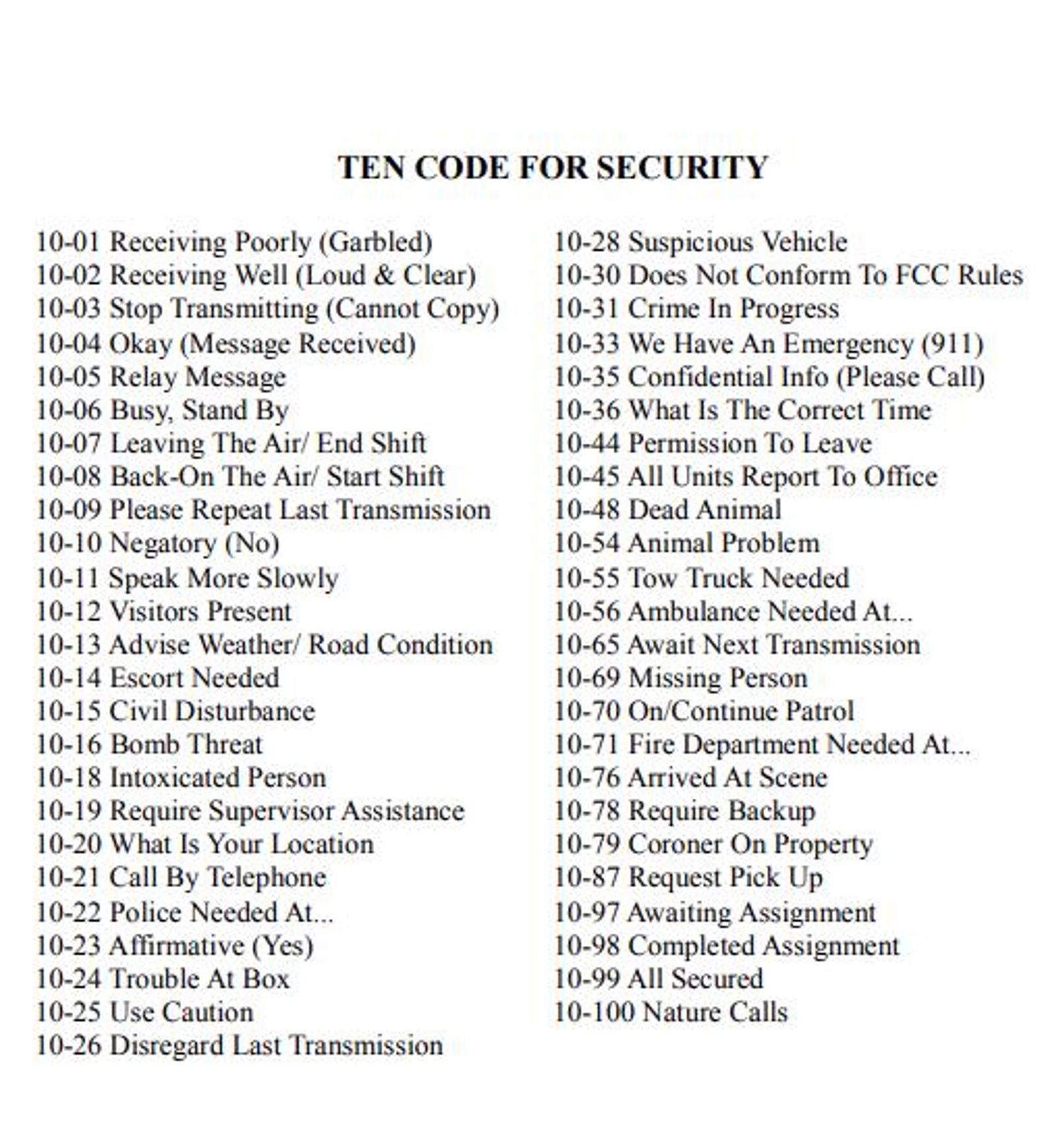 Security 10 Code Signs: Printable Security Guard Guide (digital ...