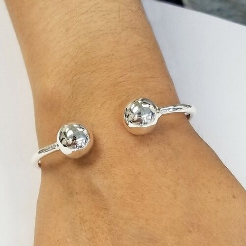 925 Sterling Silver Solid Double Ball End Cuff Bracelet - Etsy