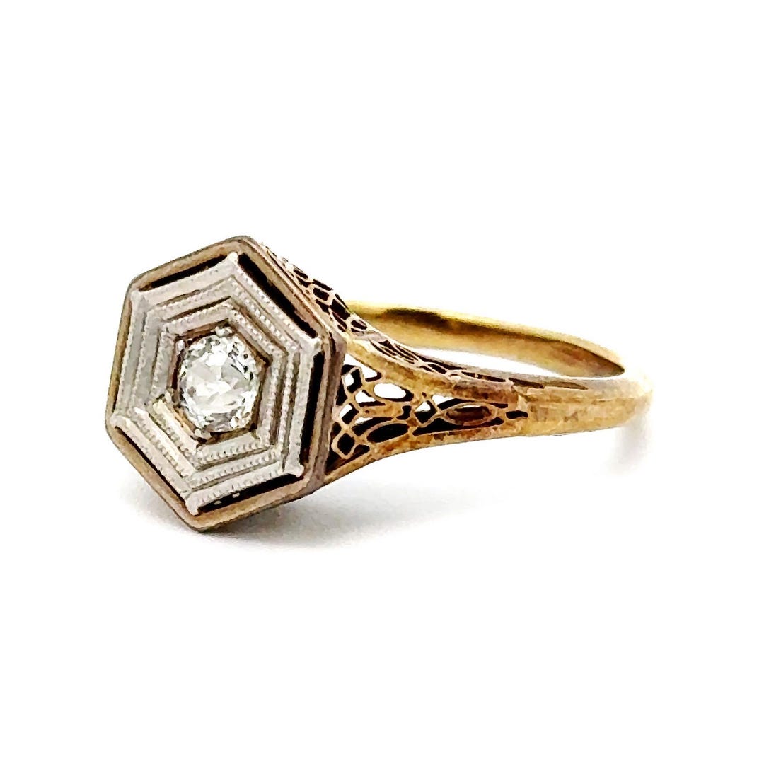 Antique Old Mine Cut Diamond Solitaire Engagement Ring in 14k Yellow ...