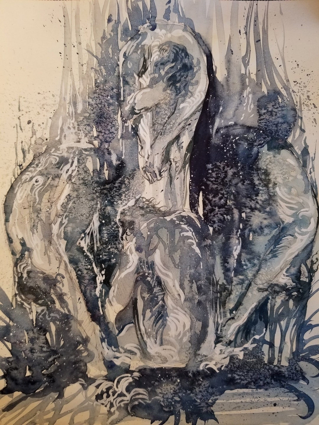 ORIGINAL the Waterfall Watercolor Fantasy Painting Surreal Anique ...