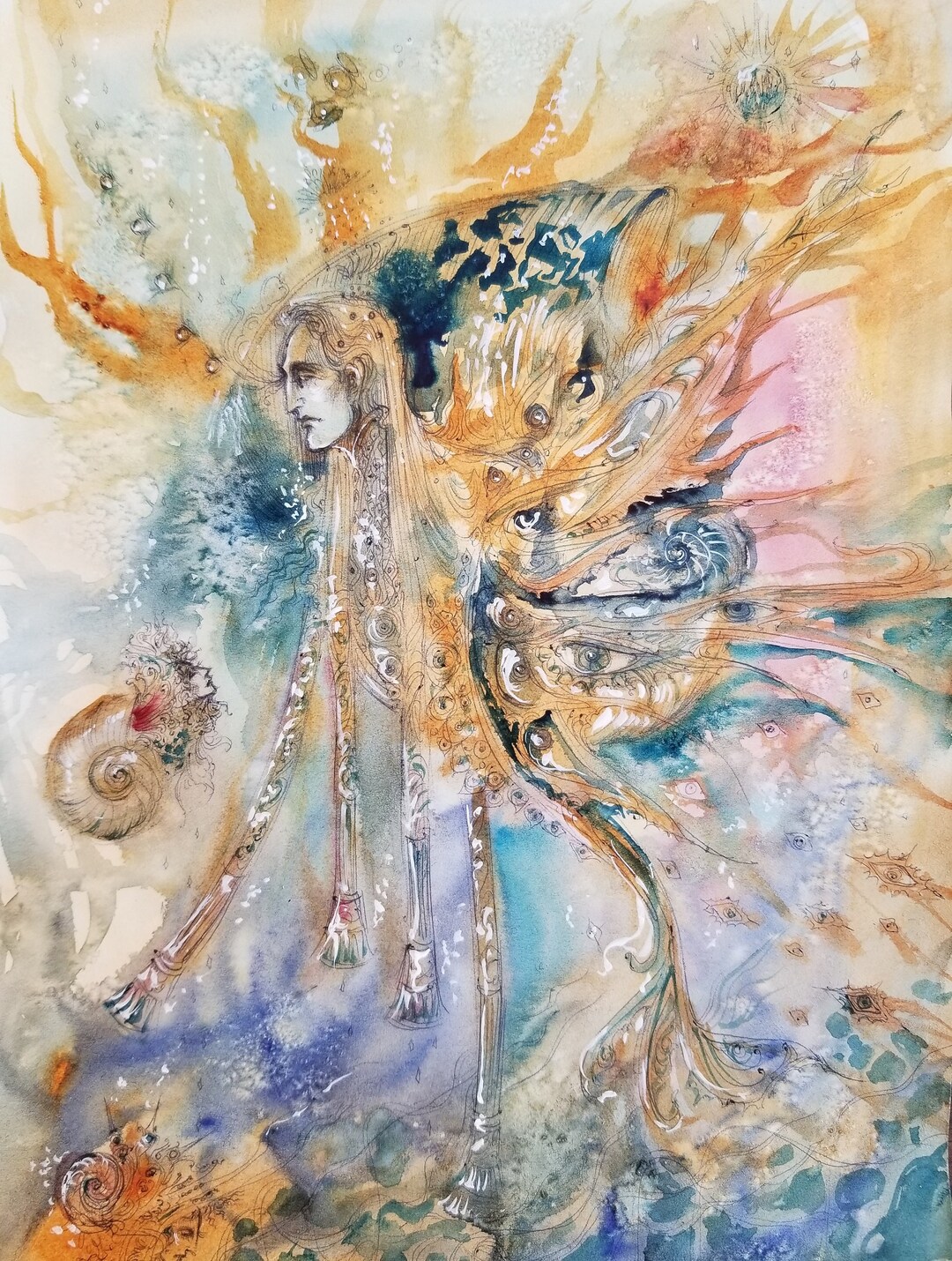 ORIGINAL Sea God Watercolor Painting Surreal Fantasy Underwater Mythic ...