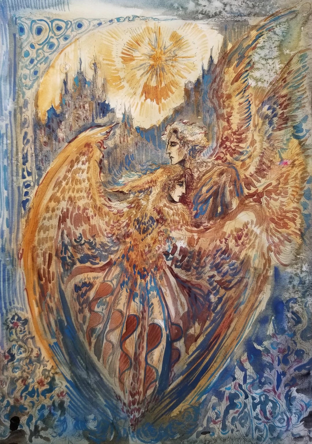 ORIGINAL Guardian Spirit Watercolor Painting Angel Soul Bird Caring ...