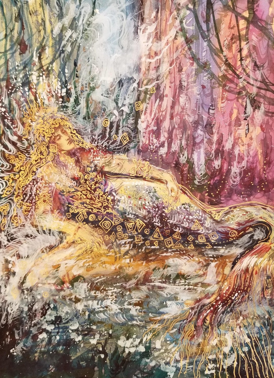 ORIGINAL Sea Goddess Watercolor Painting: Mermaid Queen Reclining Water ...