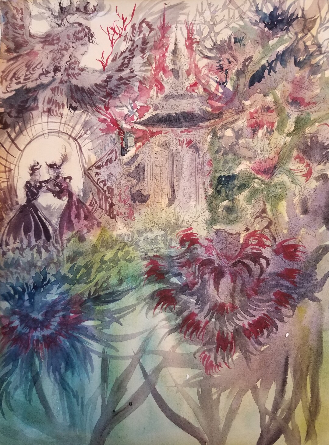 ORIGINAL Enchanted Garden Watercolor Painting Surrealist Fantasy ...