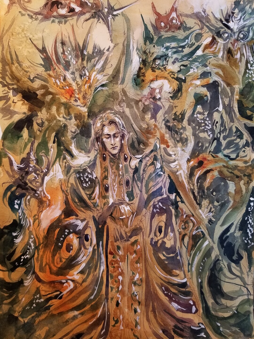 ORIGINAL Summoning Stone Watercolor Painting Strange Mythic Beasts ...