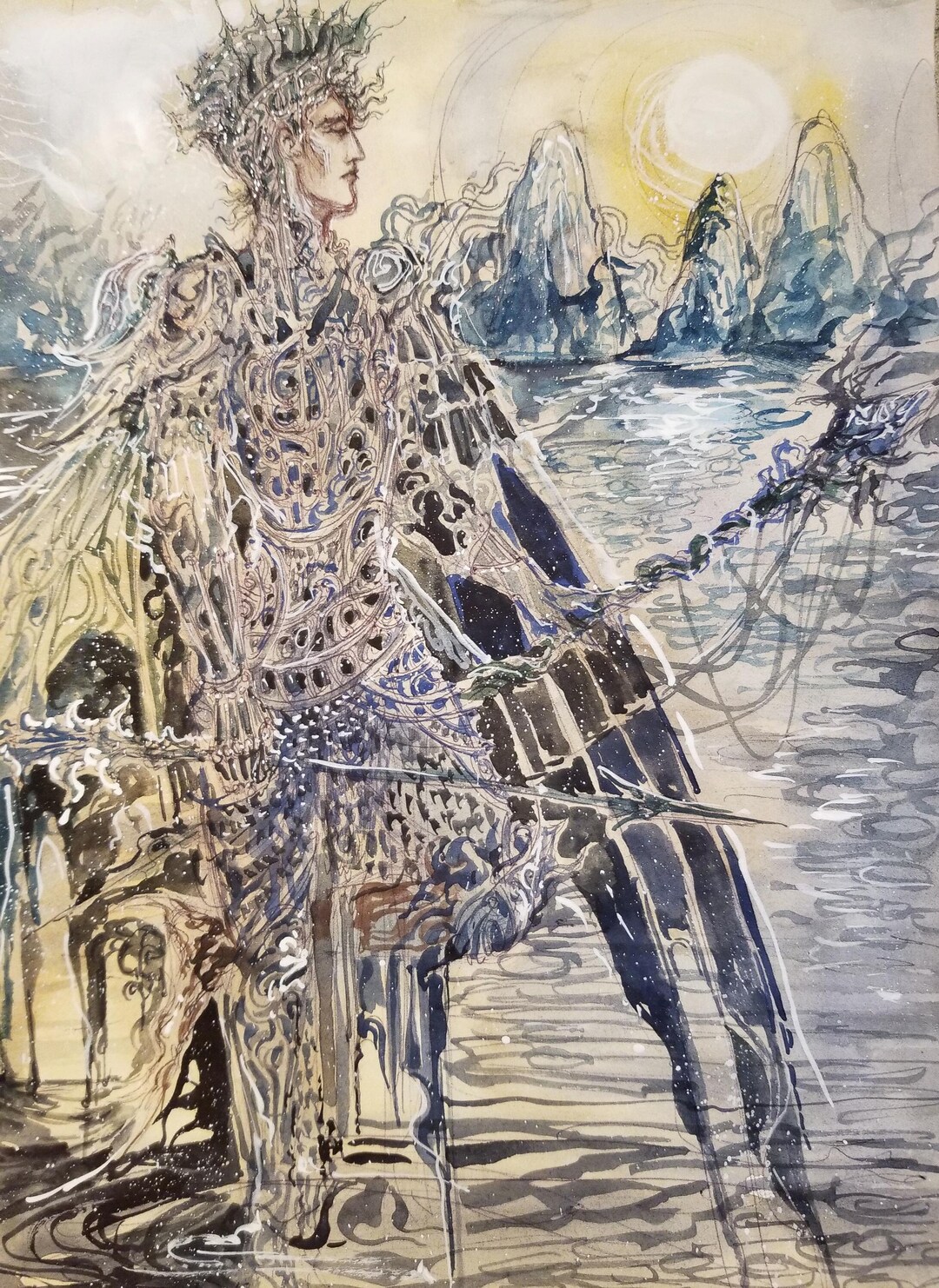 ORIGINAL Lake Guardian Watercolor Painting Water Spirit Guard Mist Fog ...