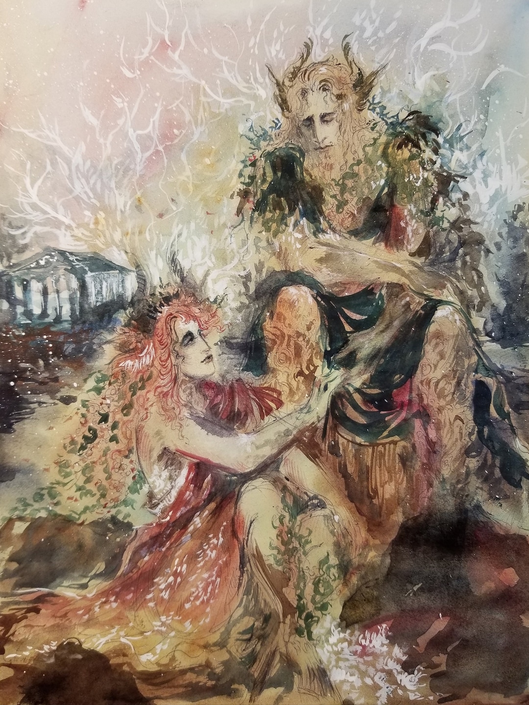 ORIGINAL Satyrs Watercolor Painting Forest Faun Ancient Greek Temple Fantasy Mythology Folklore ...