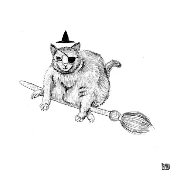 Fat Witch Cat Illustration Fat Cat Funny Art Print | Etsy