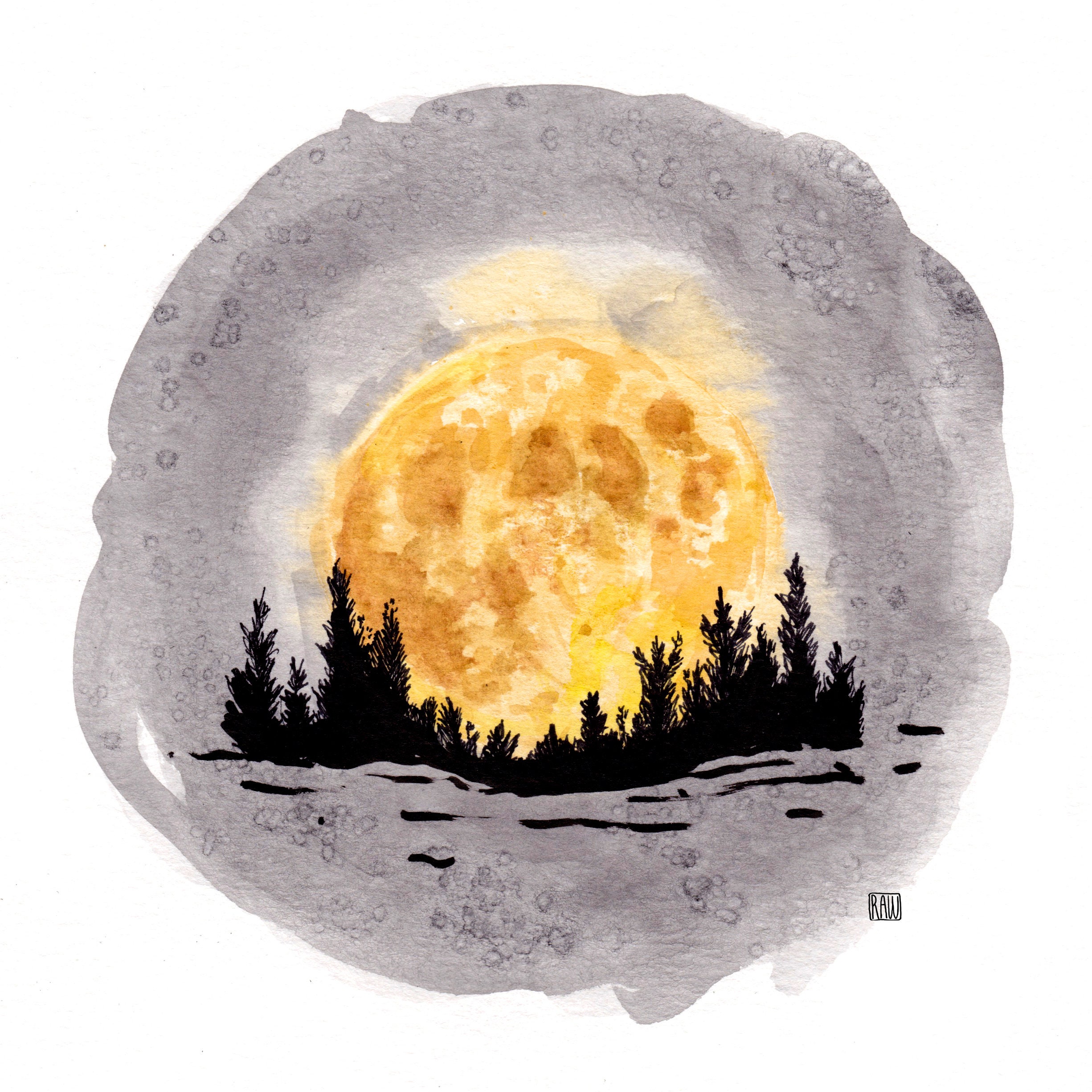 Hunters Moon Watercolor Illustration - Full Moon Art Print - Etsy