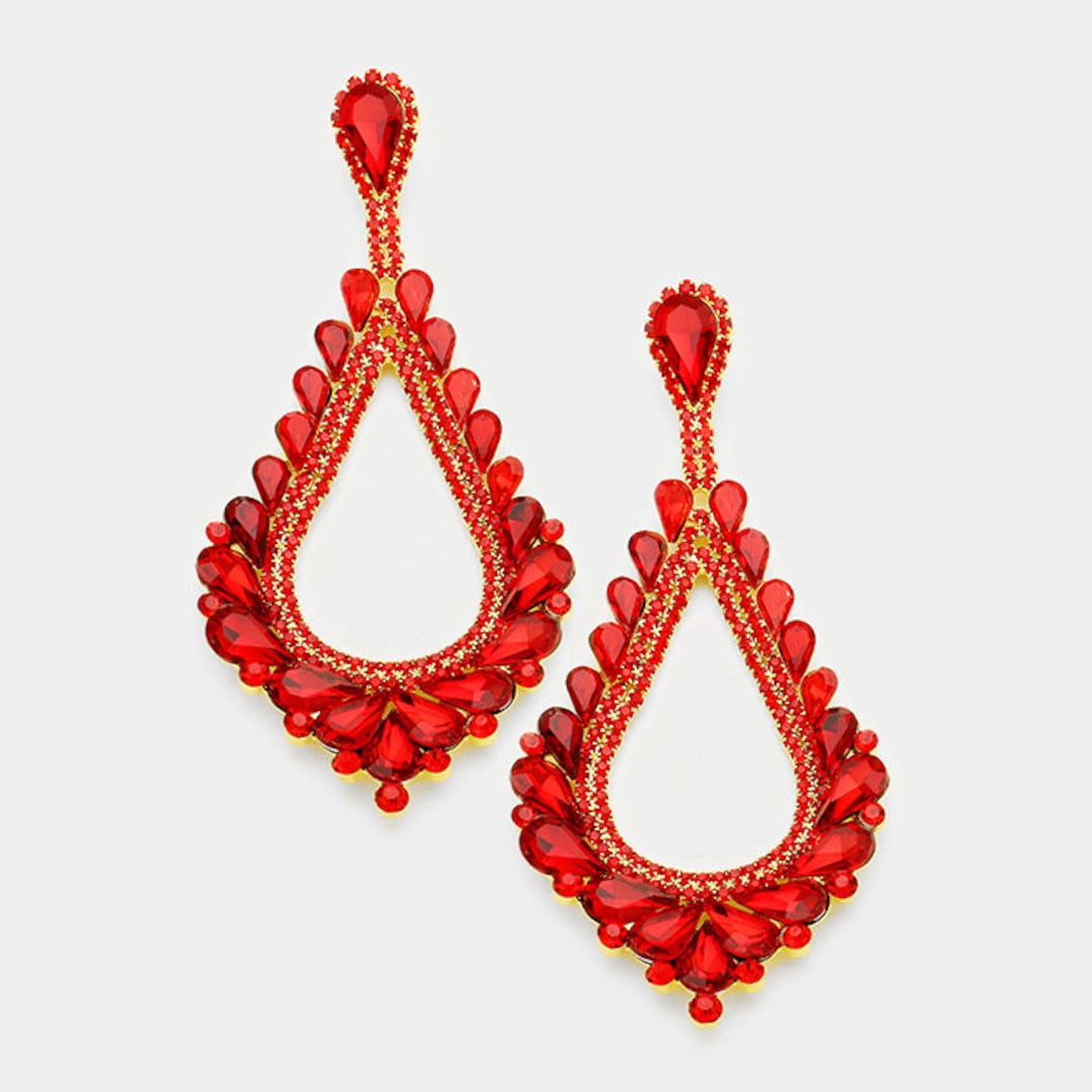 Long Red Chandelier Earrings Big Red Crystal Earrings Long Red Pageant ...
