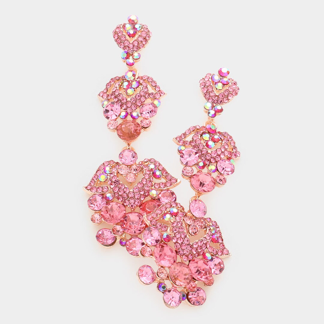Pink Pageant Earrings Pink Prom Earrings Pink Chandelier Earrings Long ...