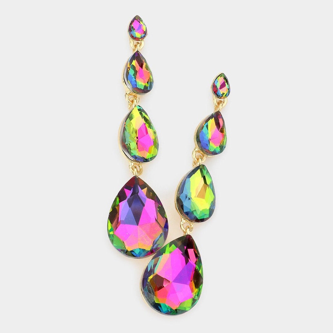 Multi Color Pageant Earrings Multi Color Prom Earrings Long Multi Color ...