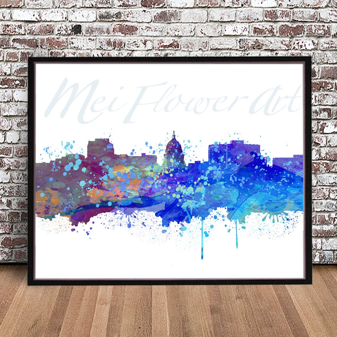 Madison Wisconsin City Skyline Watercolor Map Watercolour Painting ...