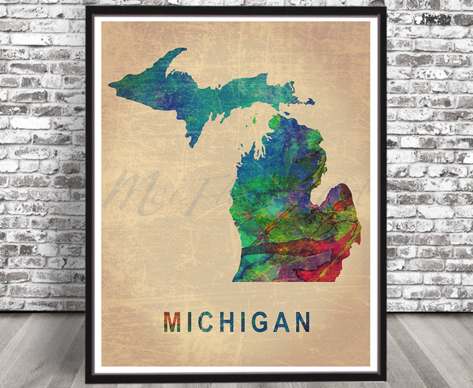Vintage Michigan State Watercolor Map Watercolor Painting Michigan St ...
