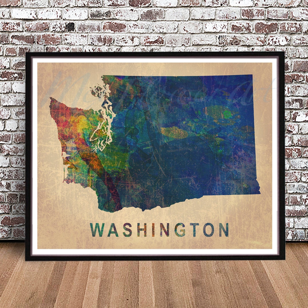 Vintage Style Washington State Watercolor Map Painting Print Poster ...