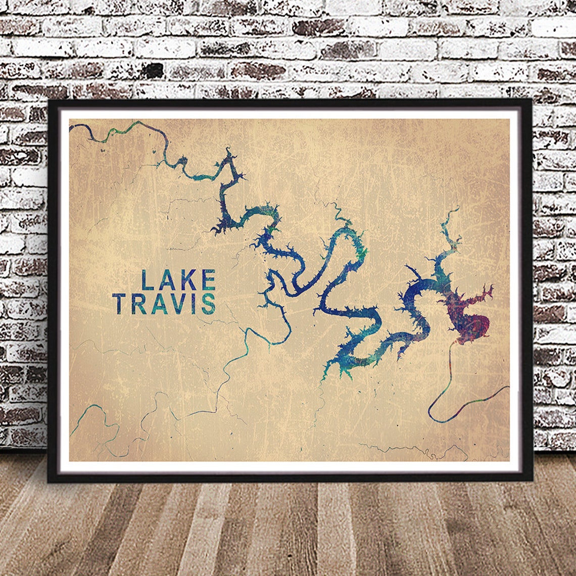 Vintage Lake Travis PRINT Watercolor Lake Map Travis Texas - Etsy