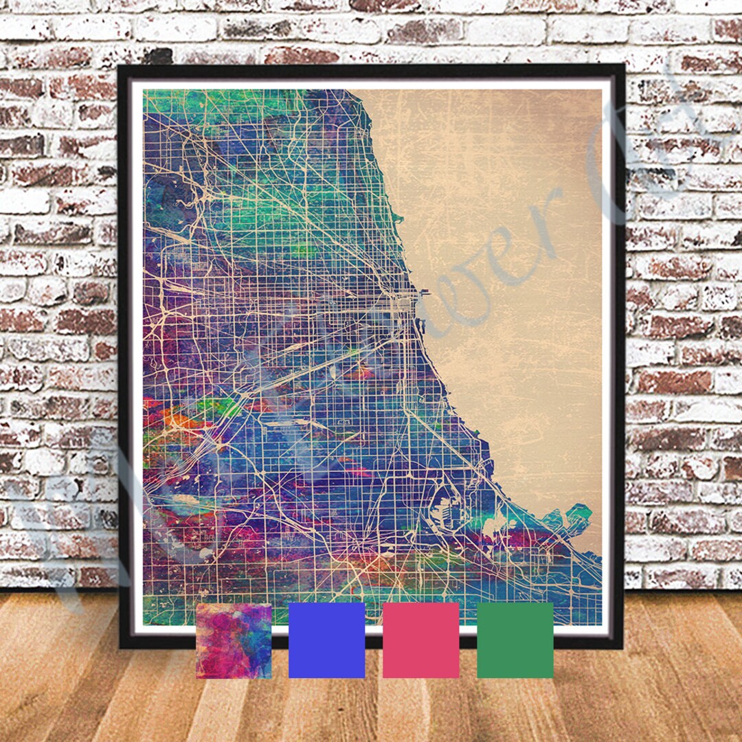 Vintage Chicago Street Map Watercolor, Painting Chicago Streetmap PRINT ...
