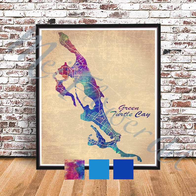 Vintage Green Turtle Cay Map PRINT, Watercolor Painting Style POSTER ...