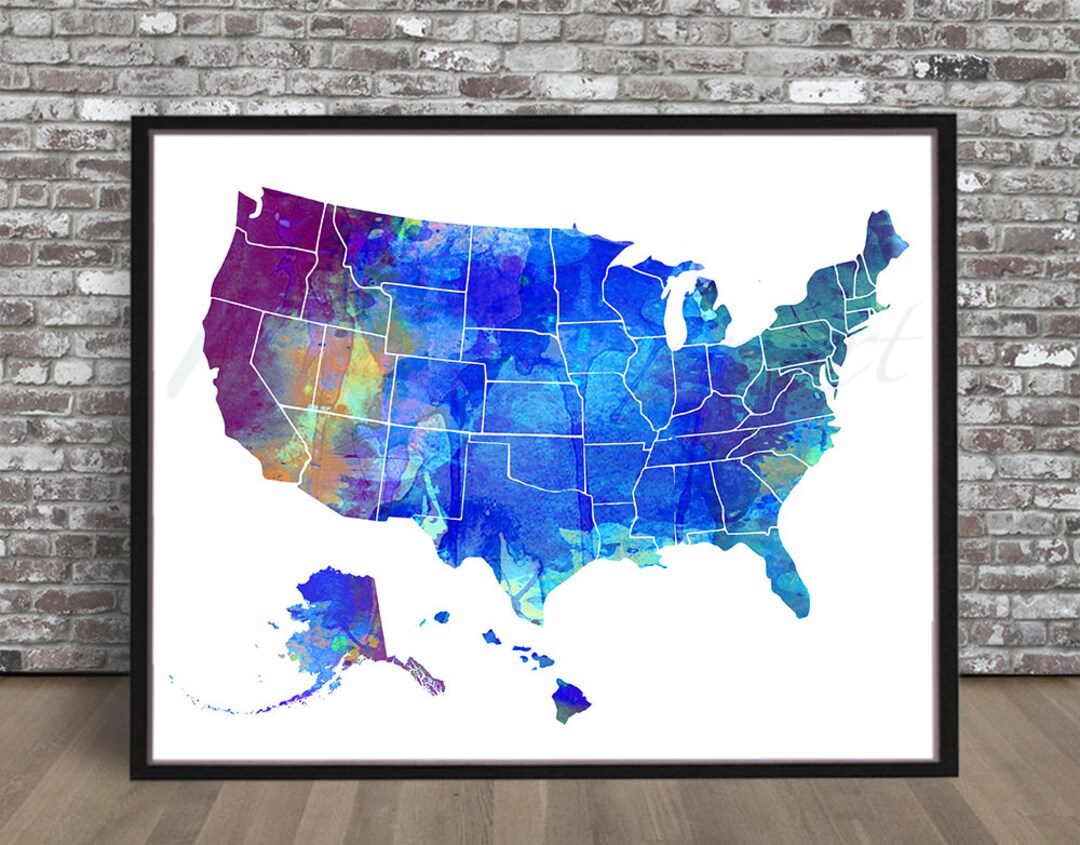 United States Map Watercolor 3 State Lines, Watercolour Country ...