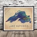 Vintage Lake Superior PRINT, Watercolor Lake Map, Superior MI Poster ...