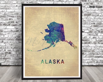 Alaska Map Watercolor Illustration State of Alaska Anchorage - Etsy