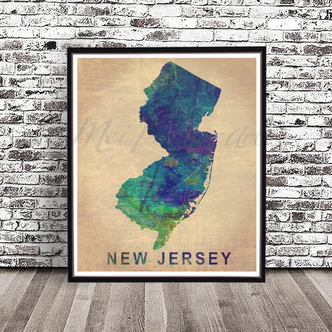 Vintage New Jersey State Map PRINT, NJ Watercolor Painting Style POSTER ...