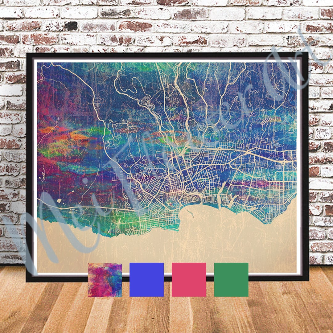 Vintage Santa Cruz Street Map Watercolor, Painting Santa Cruz Streetmap ...