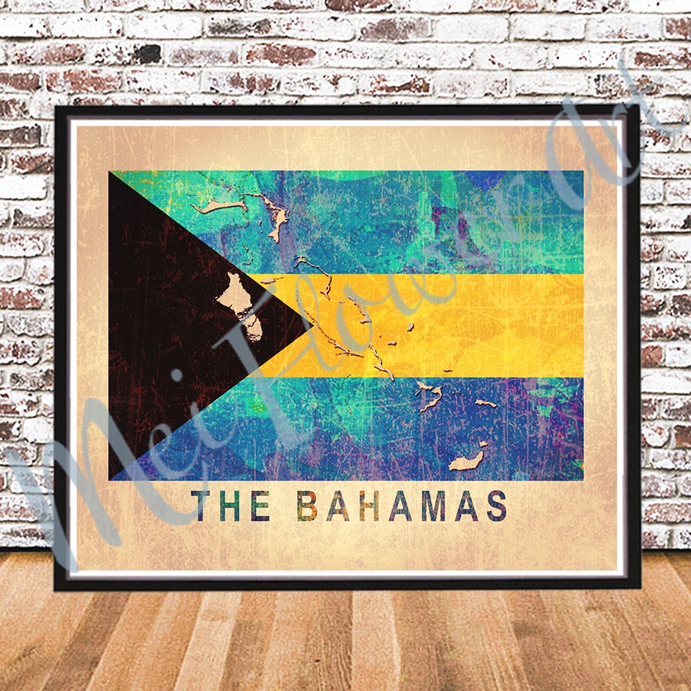 Vintage Bahamas Flag and Map PRINT, BS Watercolor Painting Style POSTER ...