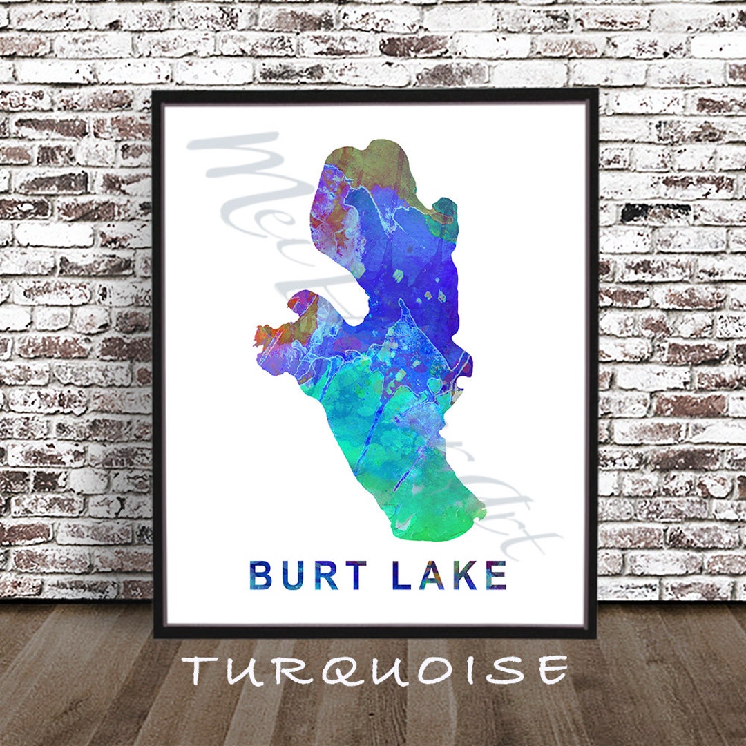 Burt Lake PRINT, Watercolor Lake Map, Burt Lake Michigan, Poster Lake ...