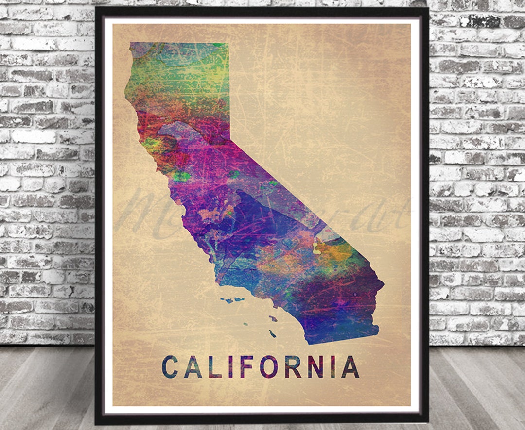 Vintage California Watercolor Map, Watercolour California State ...