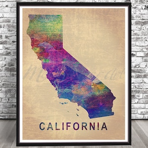 Vintage California Watercolor Map, Watercolour California State ...
