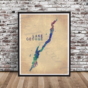 Vintage Lake George PRINT, Watercolor Lake Map, George New York Poster ...