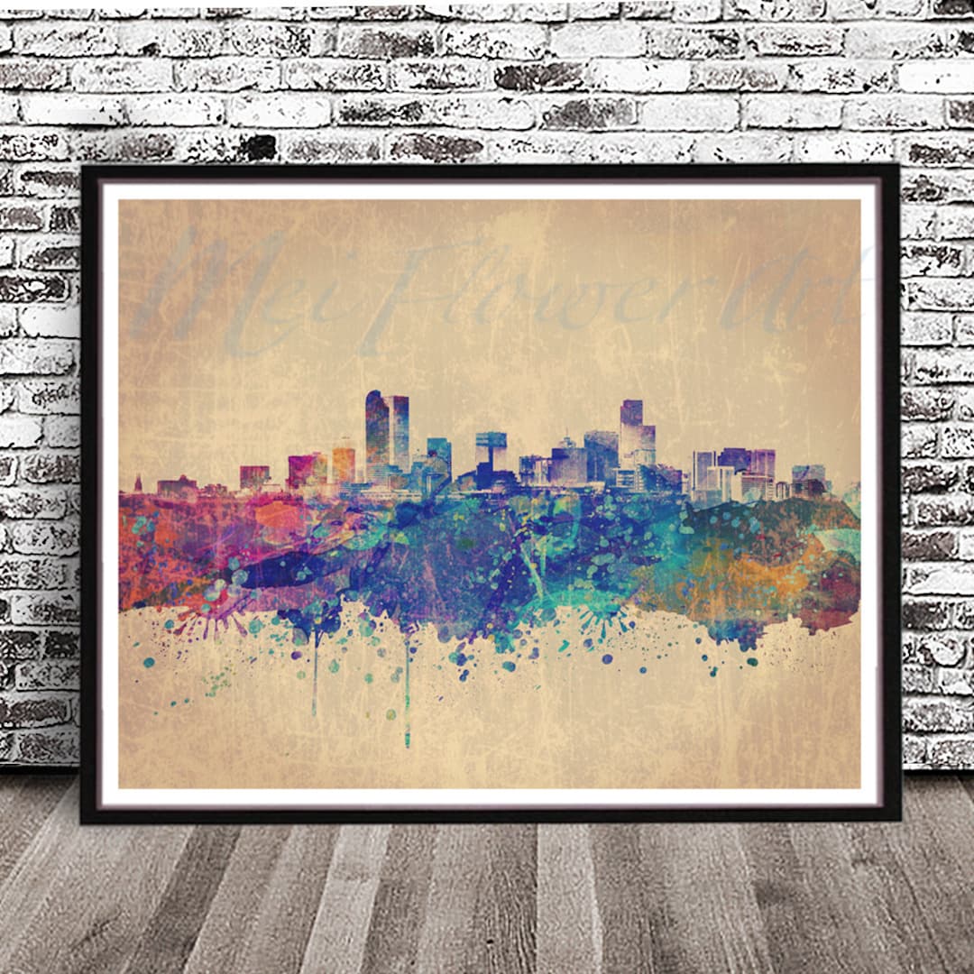 Vintage Denver Colorado City Skyline Watercolor Map Watercolour ...
