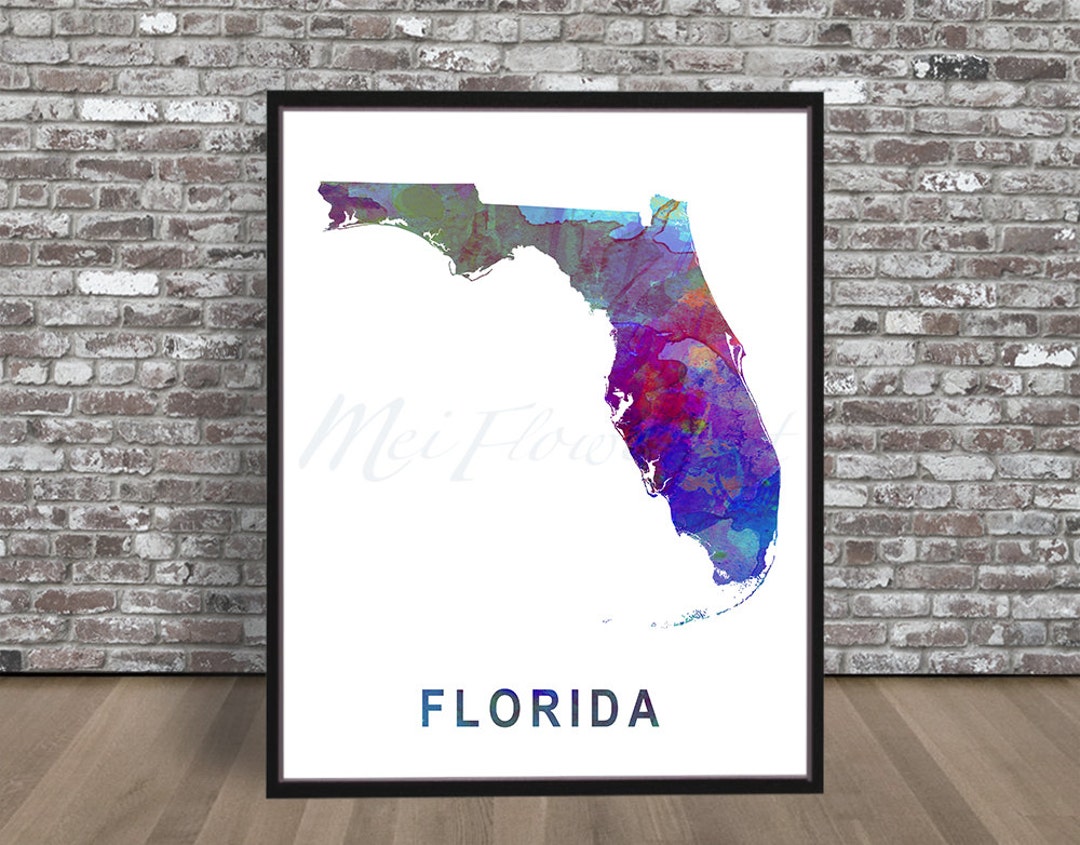 Florida Watercolor Map, Watercolour, Florida State Painting, Map Miami ...