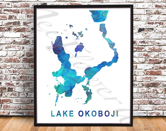 Lake Okoboji PRINT, Water Color Lake Map, Okoboji Iowa Poster, IA Lake ...