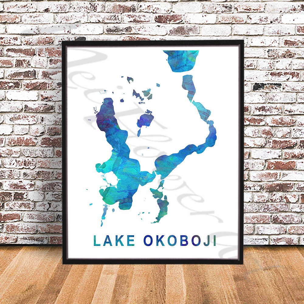 Lake Okoboji PRINT, Water Color Lake Map, Okoboji Iowa Poster, IA Lake ...