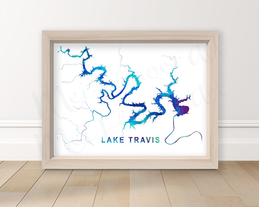 Lake Travis PRINT, Watercolor Lake Map, Travis Texas Poster, TX Lake ...