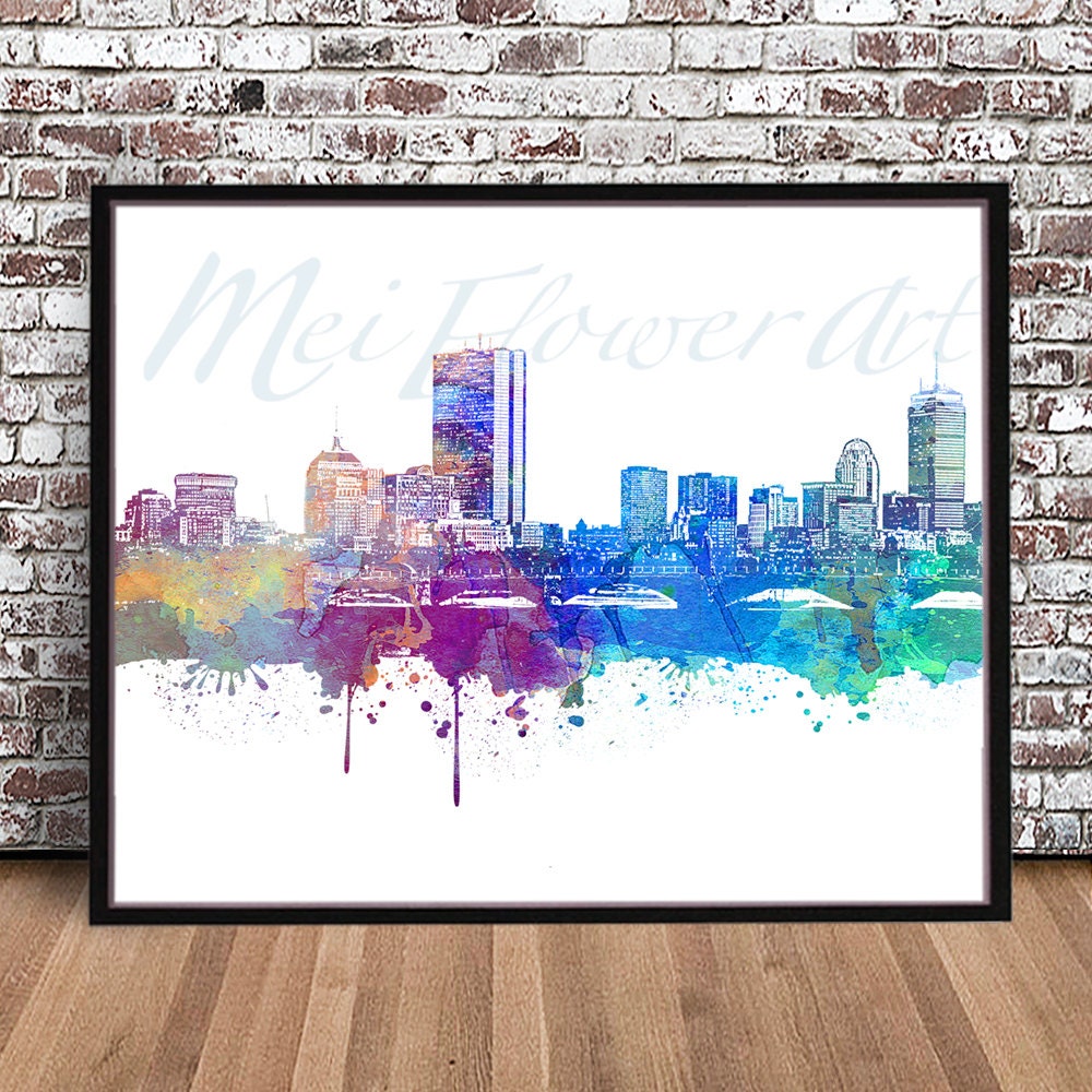 Boston City Skyline PRINT, Watercolor Style POSTER, Wall Art Decor ...