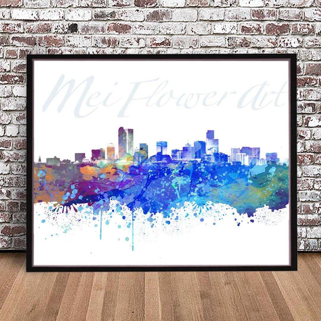 Denver Colorado City Skyline Watercolor Map Watercolour Painting Print ...