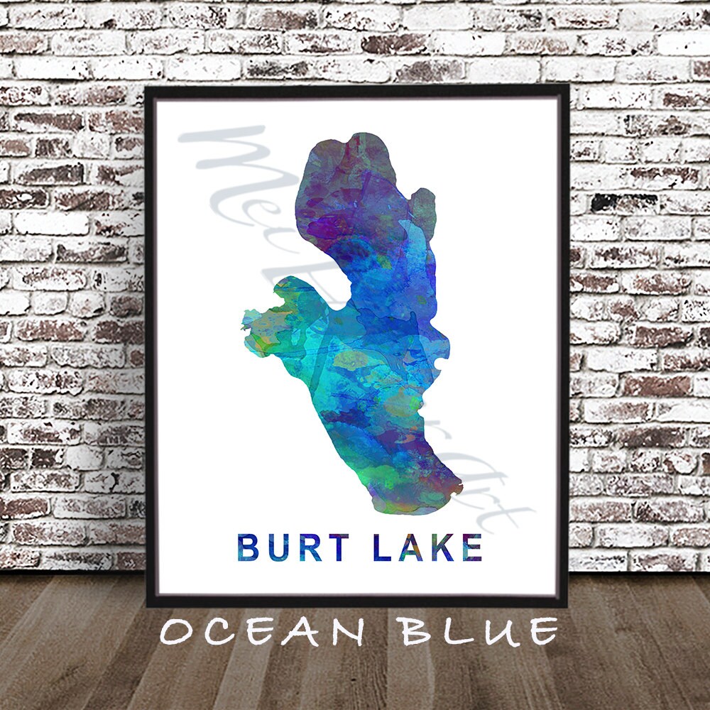 Burt Lake PRINT, Watercolor Lake Map, Burt Lake Michigan, Poster Lake ...