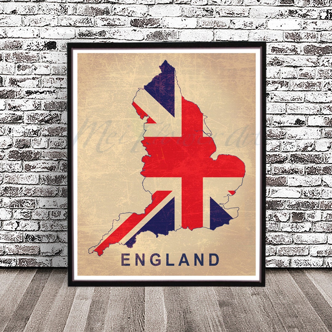 Vintage Union Jack England Flag Map Watercolor Painting City Print Art ...