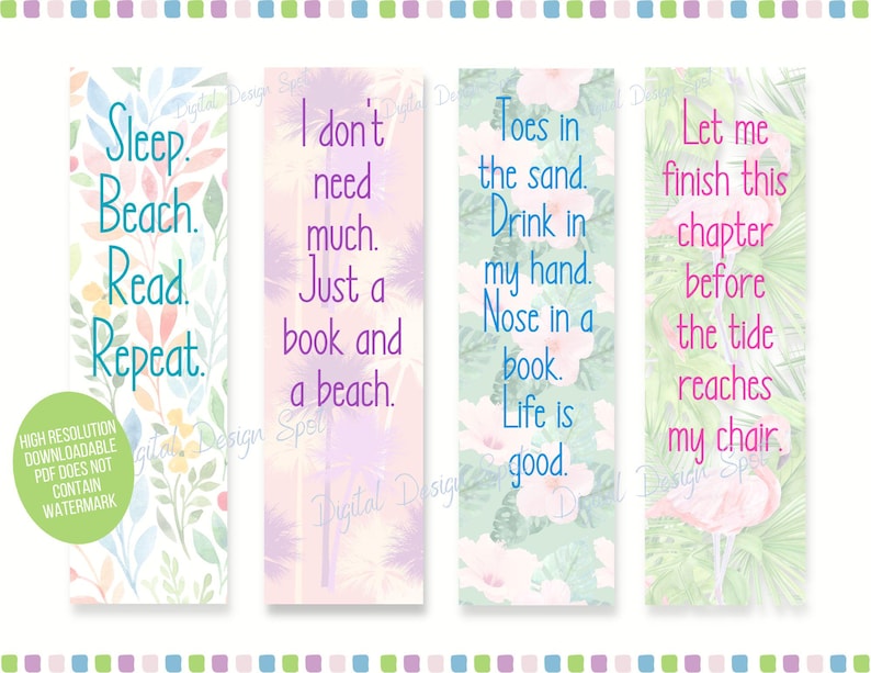 Beach Reading Printable Bookmark Digital Bookmark Instant Download 4 ...