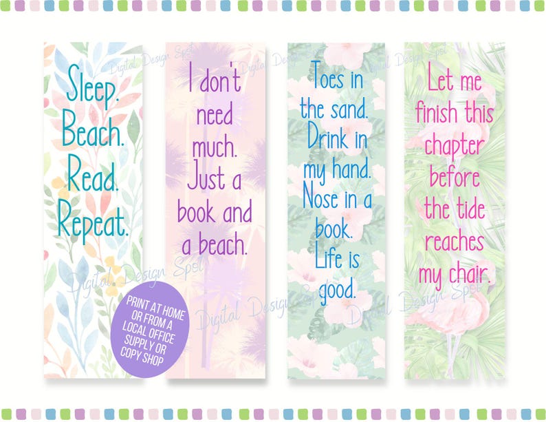 Beach Reading Printable Bookmark Digital Bookmark Instant Download 4 ...