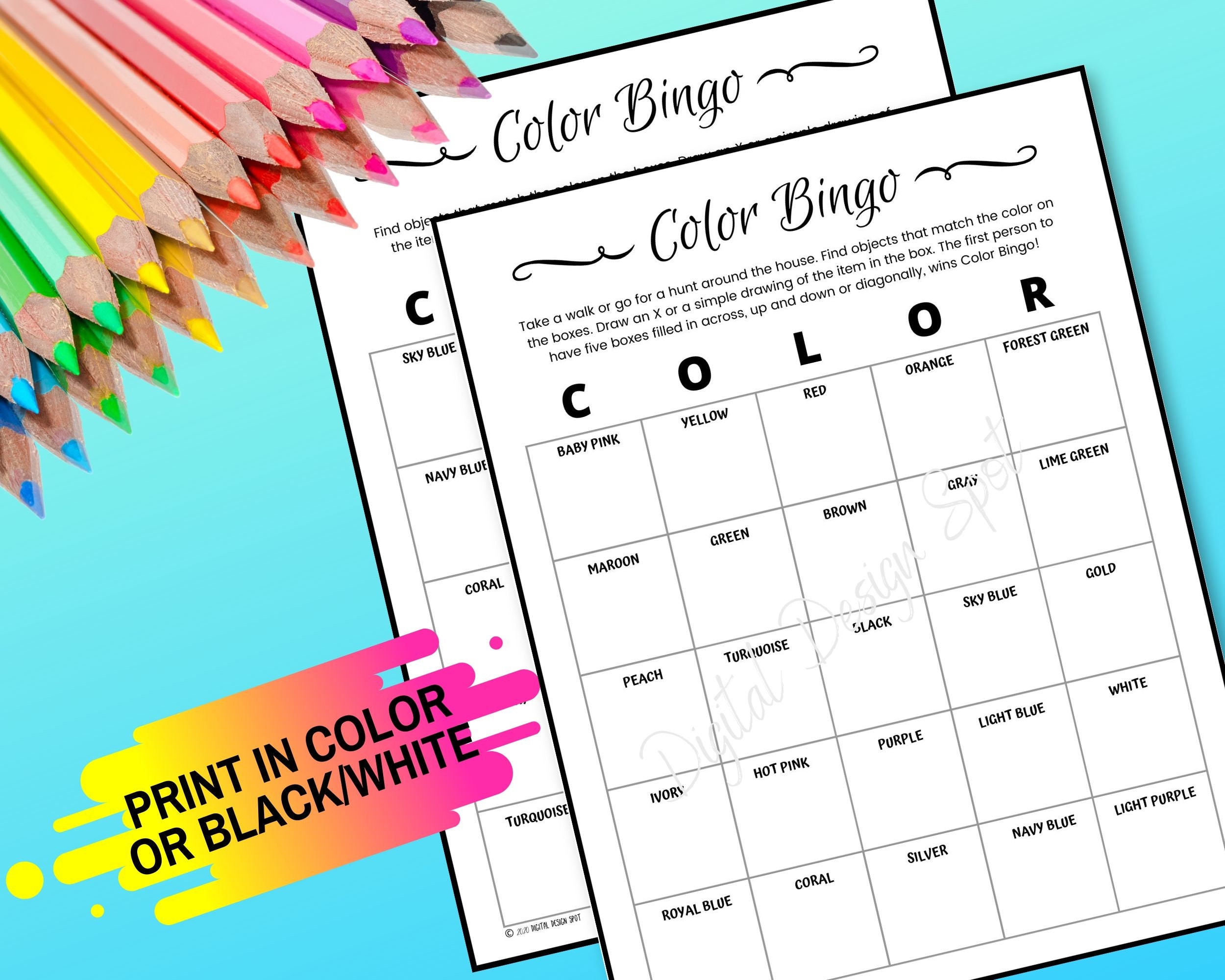 Color Bingo Printable Game Five Bingo Card Variations Walking, Driving ...
