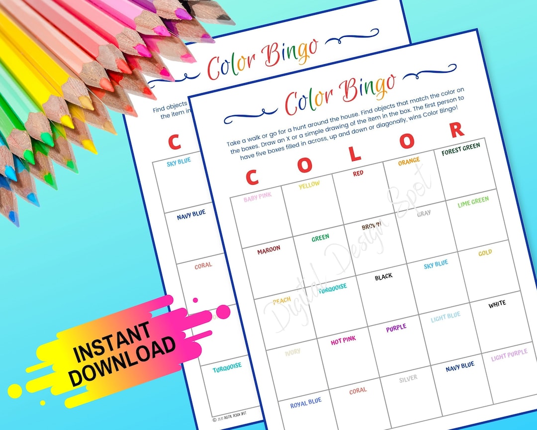 Color Bingo Printable Game Five Bingo Card Variations Walking, Driving ...