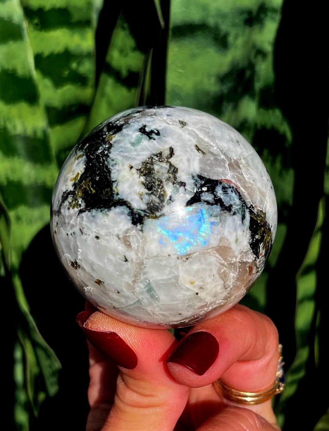 Rainbow Moonstone Sphere W/ Aquamarine Crystal - Chakra Activation ...