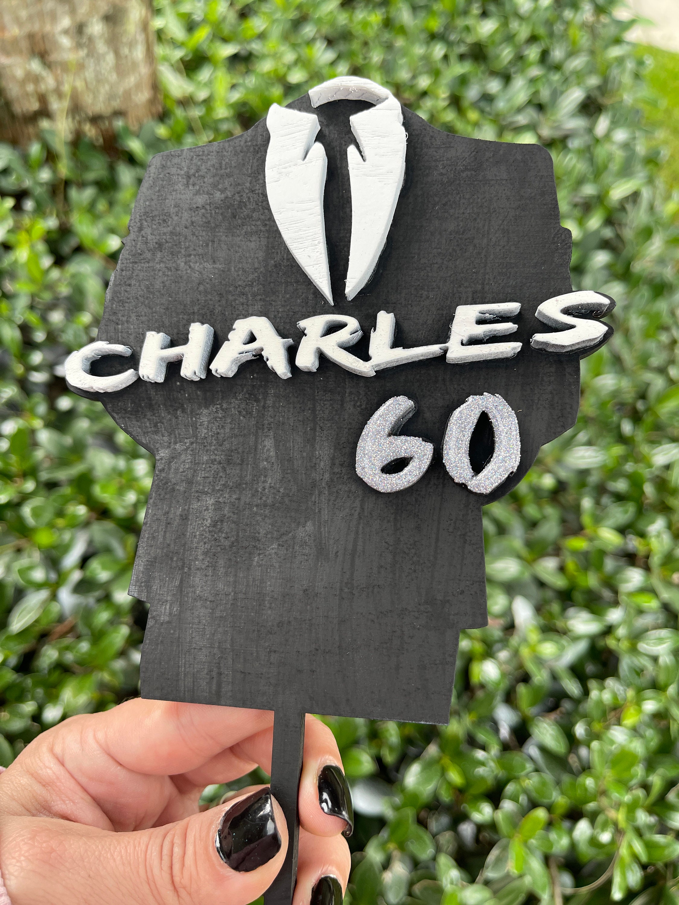 Personalized Wooden Tuxedo Cake Topper – Silver Glitter Birthday ...