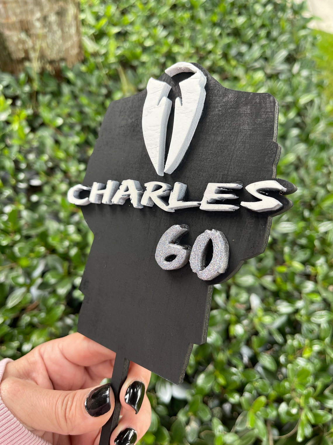 Personalized Wooden Tuxedo Cake Topper – Silver Glitter Birthday ...