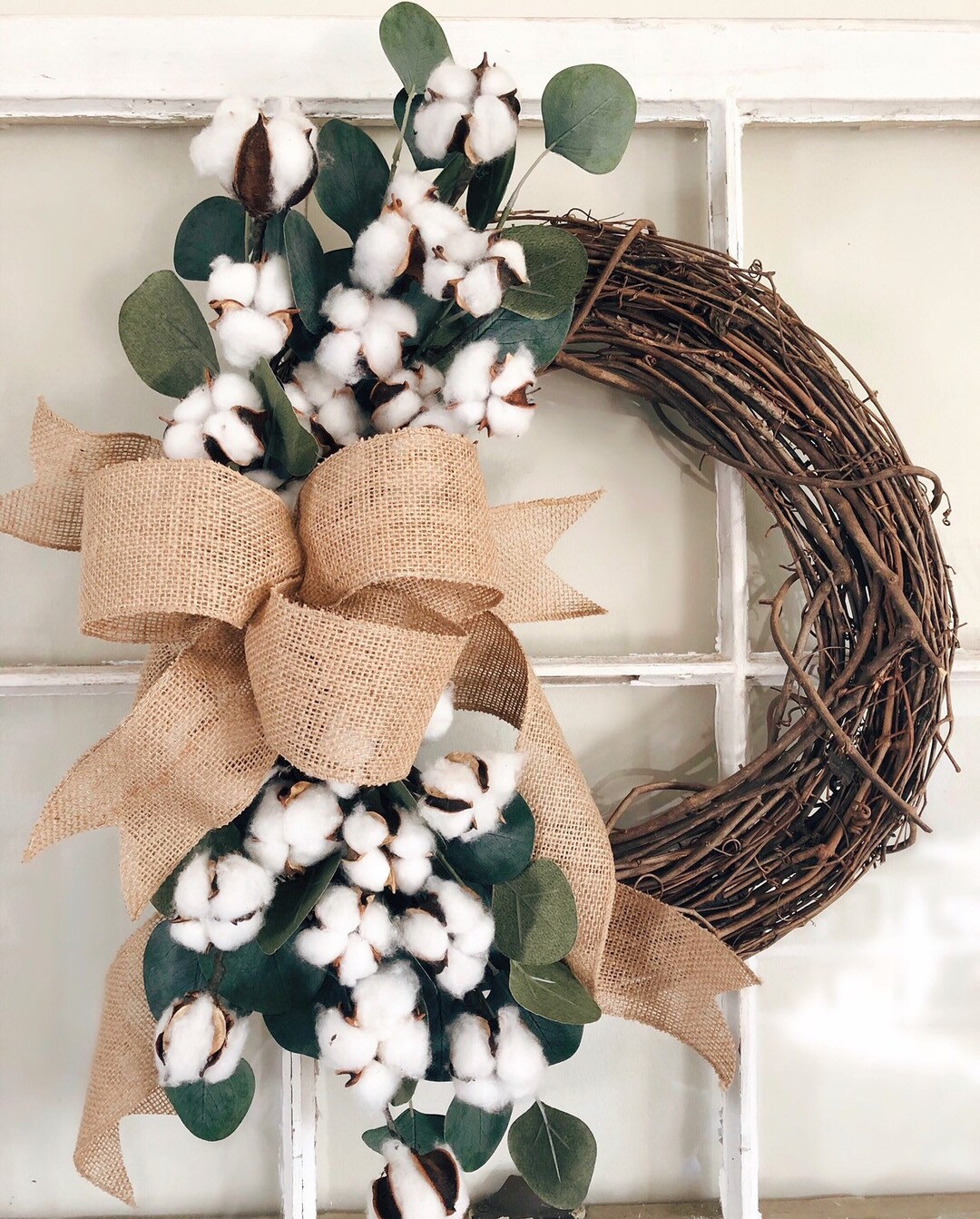 Farmhouse Wreath, Eucalyptus Wreath, Cotton Wreath, Farmhouse Decor ...